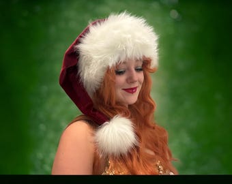 Extra Long Burgundy Wine Velvet Luxe Santa Hat, Luxury Velvet and Faux ...