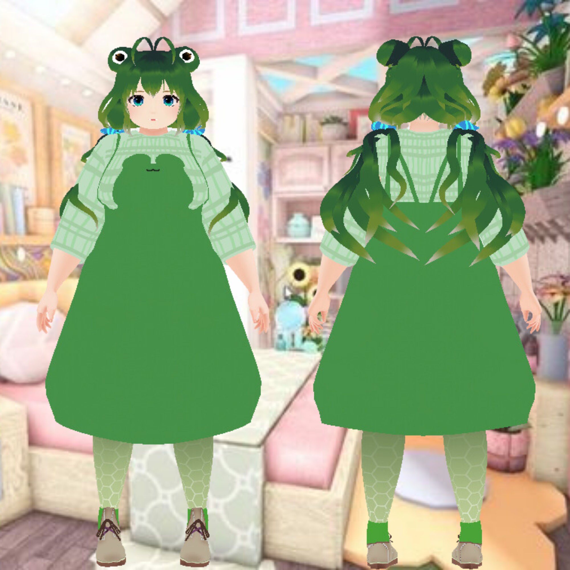 Green Haired Plus Size Frog Froggie Girl Vtuber Model With Two Outfits ...