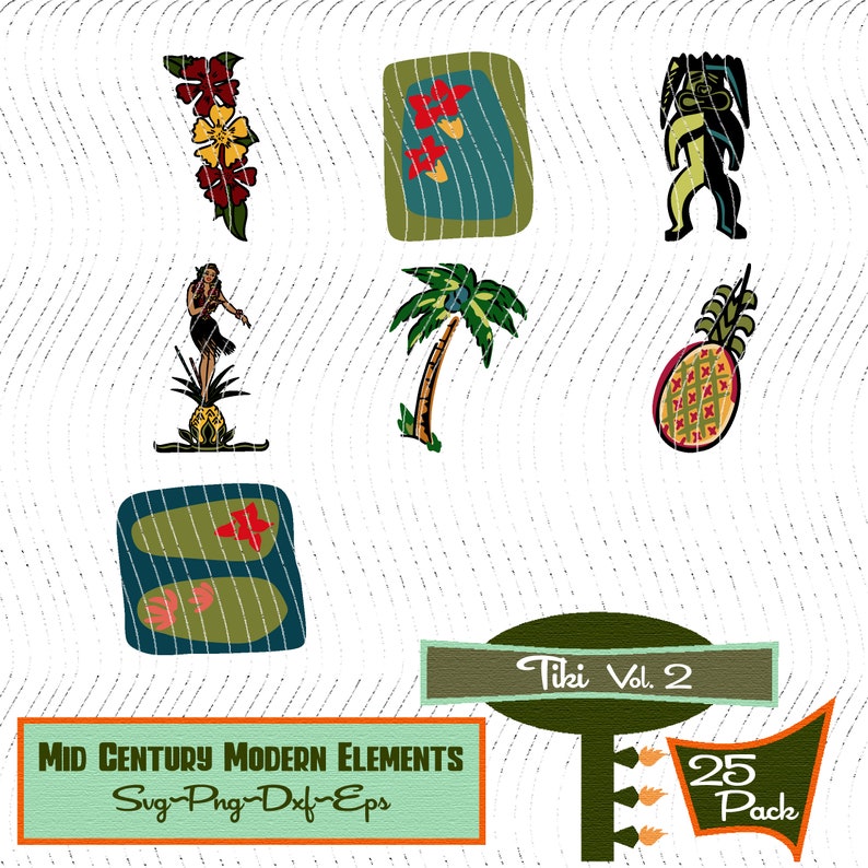 Tiki Design Elements Vol 2 | Mid-century Modern 25 Item Bundle, 1950s ...