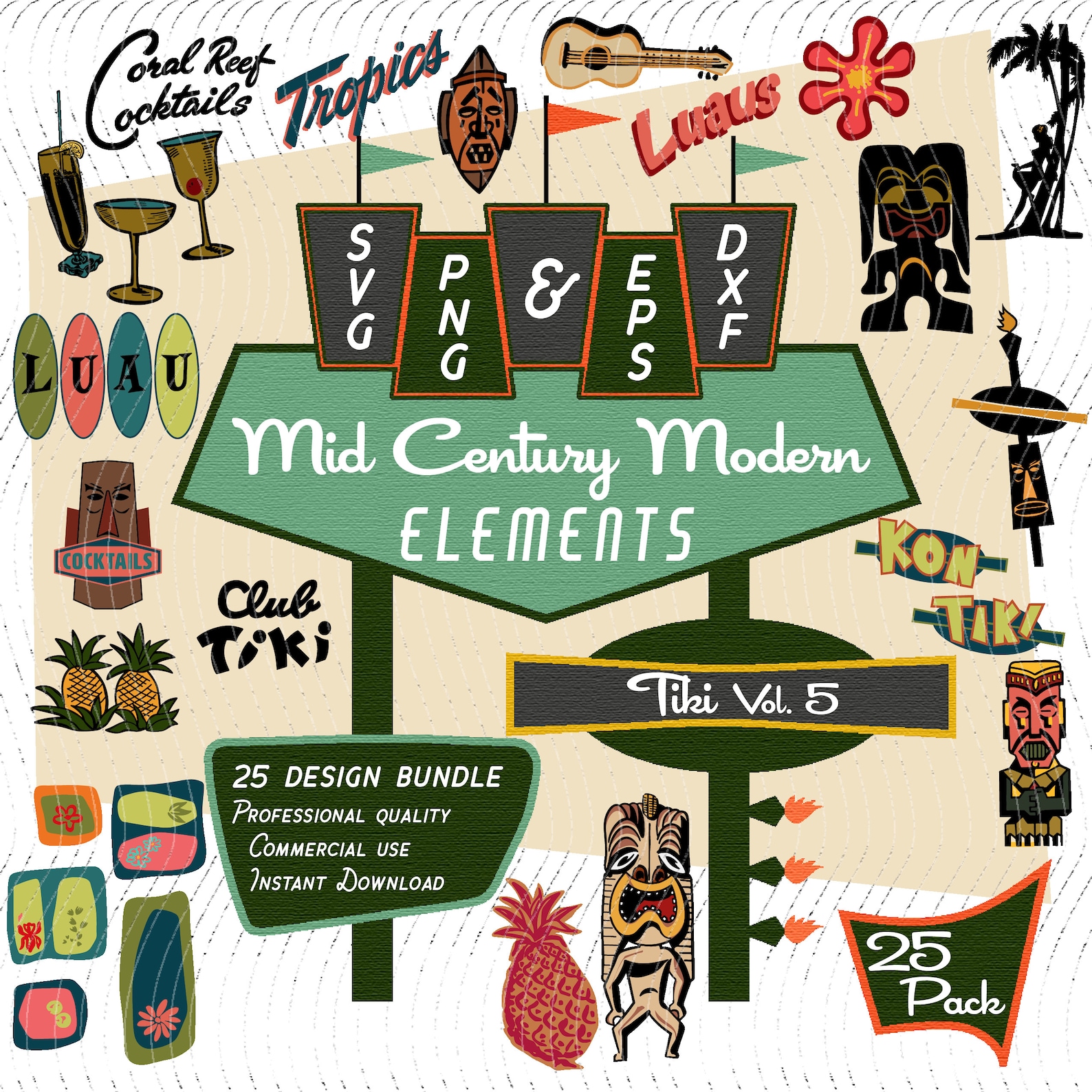 Tiki Design Elements Vol 5 | Mid-century Modern 25 Design Elements ...