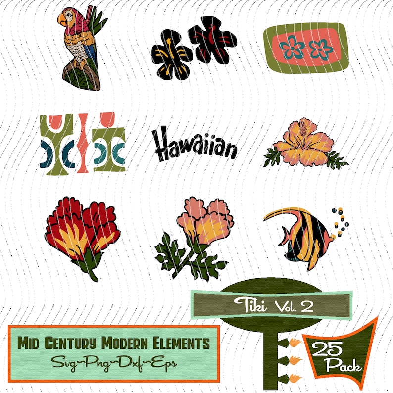 Tiki Design Elements Vol 2 | Mid-century Modern 25 Item Bundle, 1950s ...