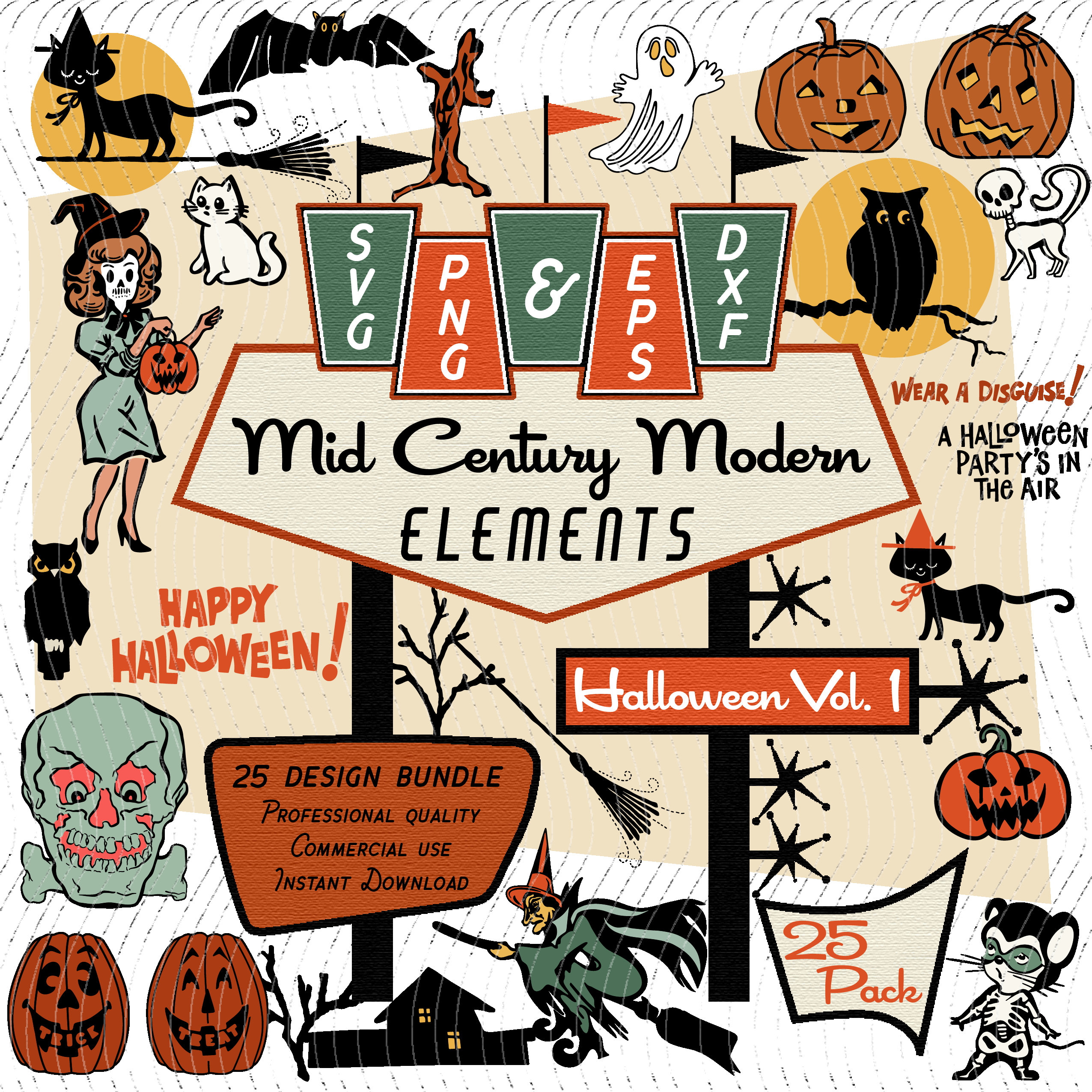 Halloween Vol 1 | Mid-century Modern 25 Design Elements | Retro Clipart ...