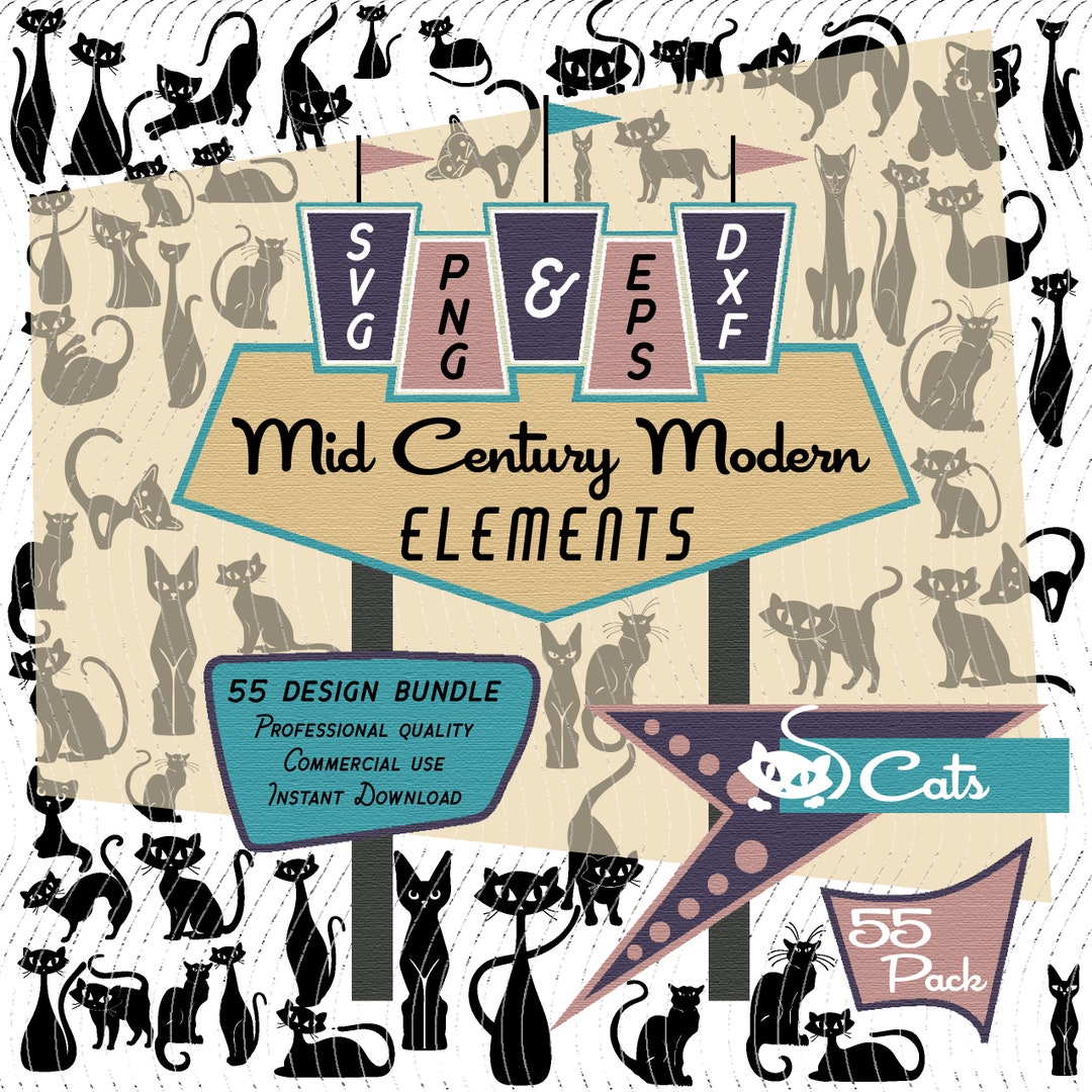 Cats | Mid-century Modern 55 Design Elements | Retro Clip Art Bundle ...