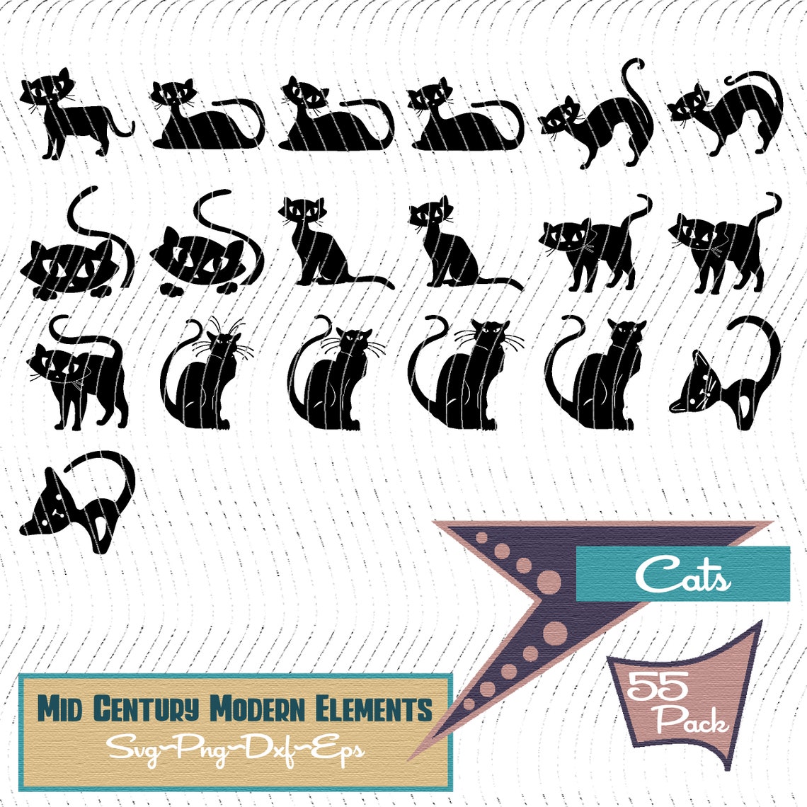 Cats | Mid-century Modern 55 Design Elements | Retro Clip Art Bundle ...