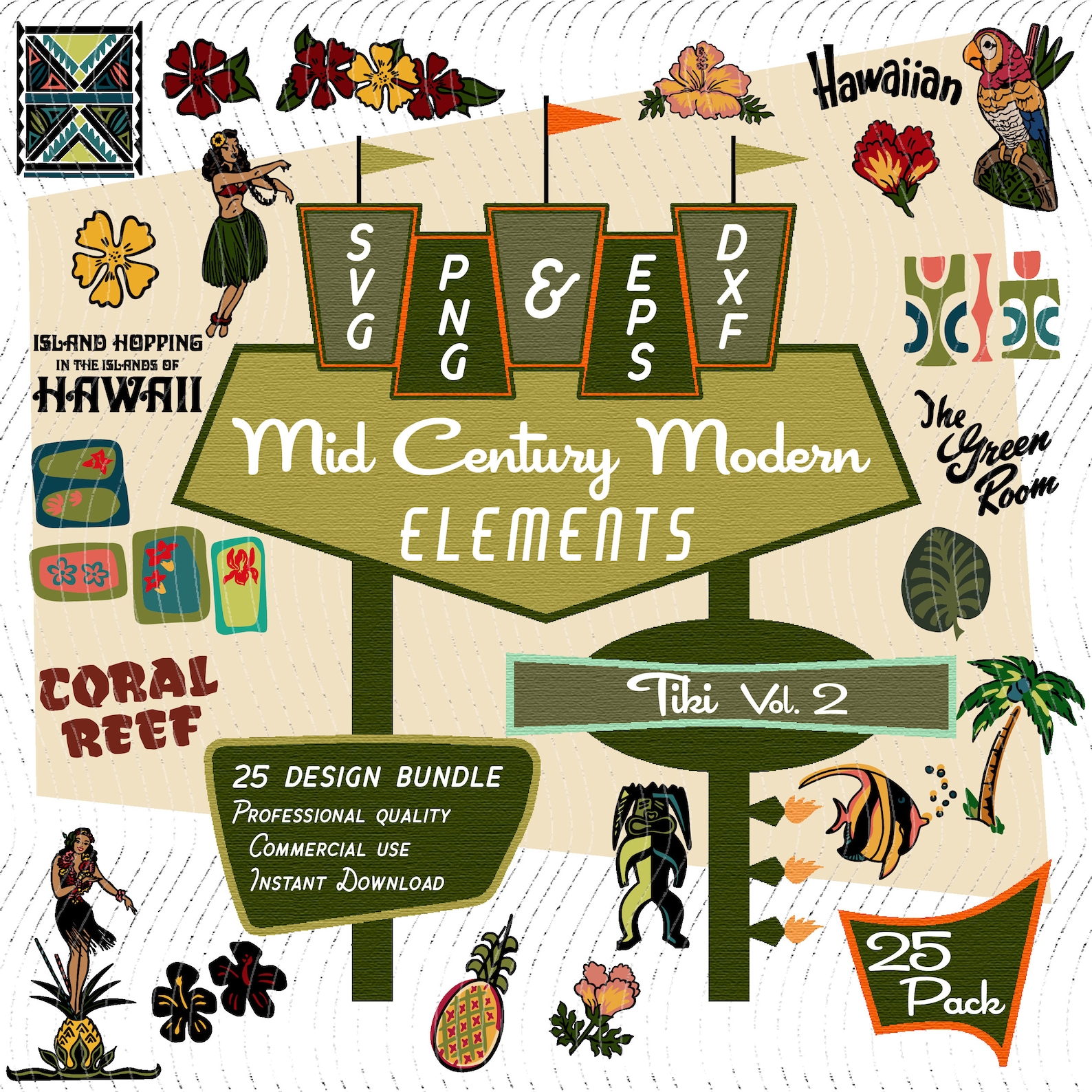 Tiki Design Elements Vol 2 | Mid-century Modern 25 Item Bundle, 1950s ...