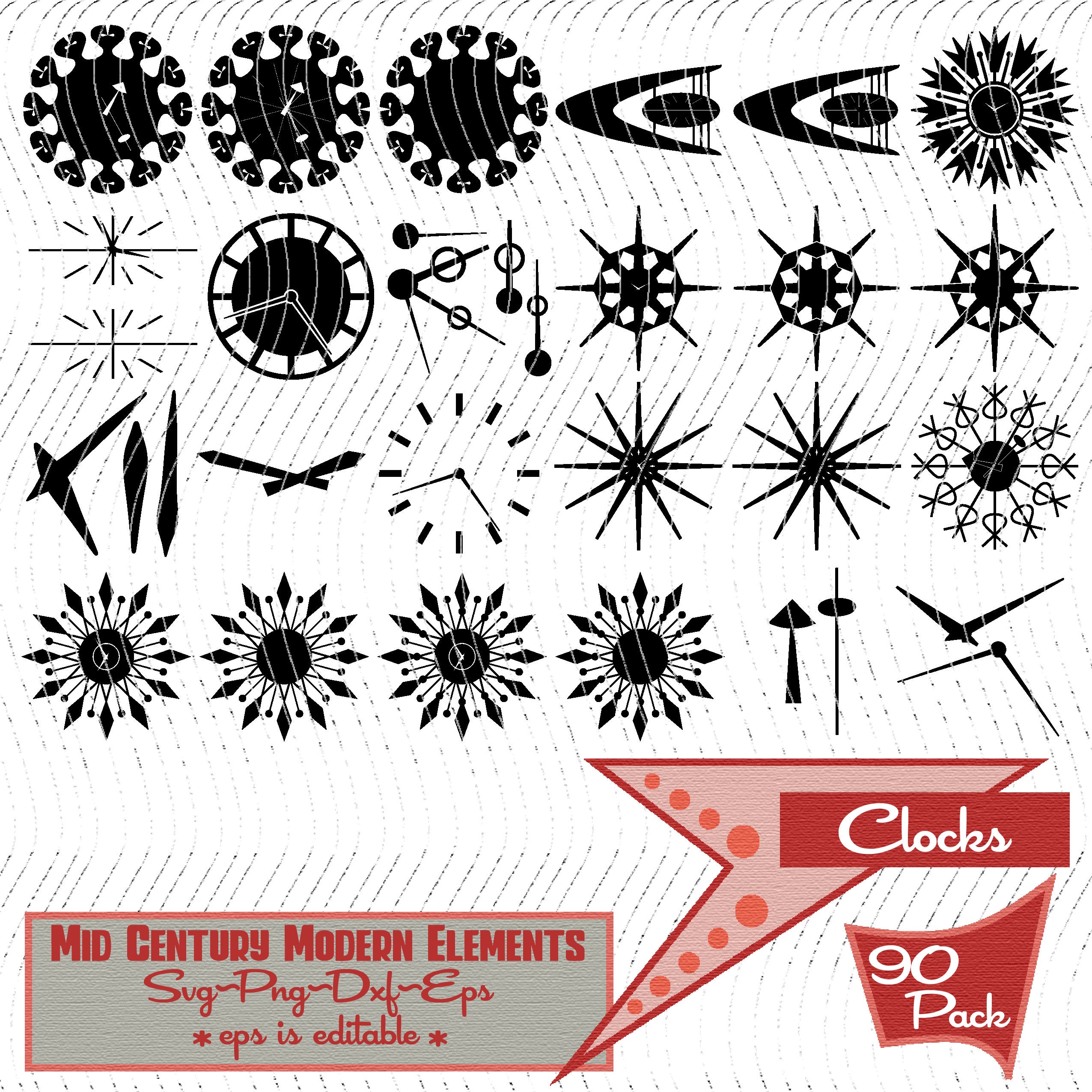 Clocks Mid-century Modern 90 Design Elements Retro Clip Art SVG PNG EPS ...