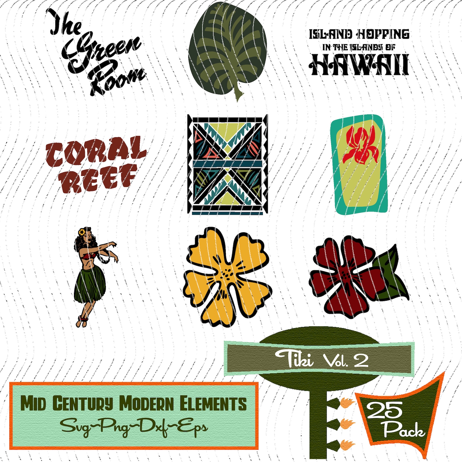 Tiki Design Elements Vol 2 | Mid-century Modern 25 Item Bundle, 1950s ...
