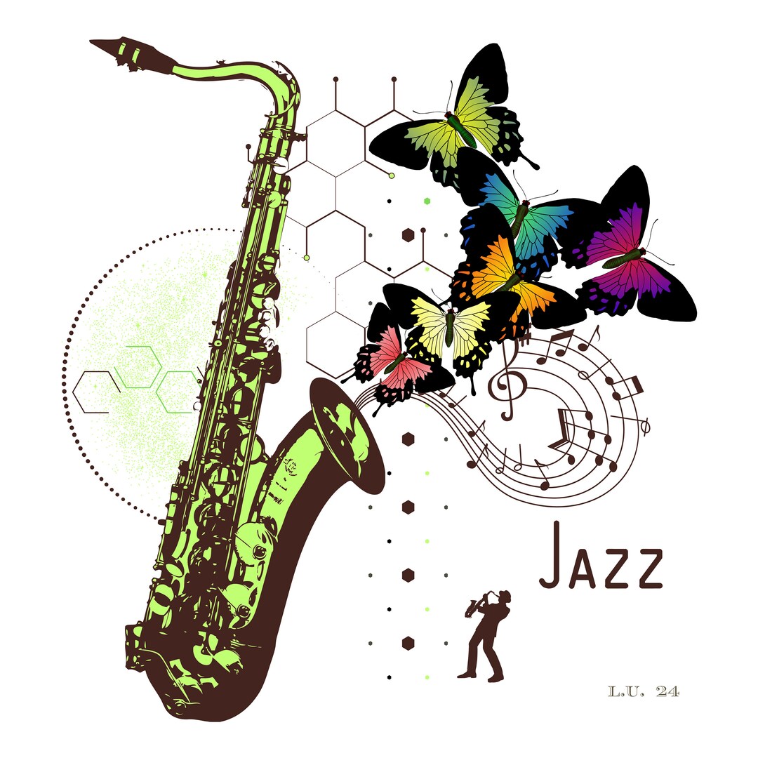Jazz Saxophone Art Print: Butterflies & Geometric Design (digital ...