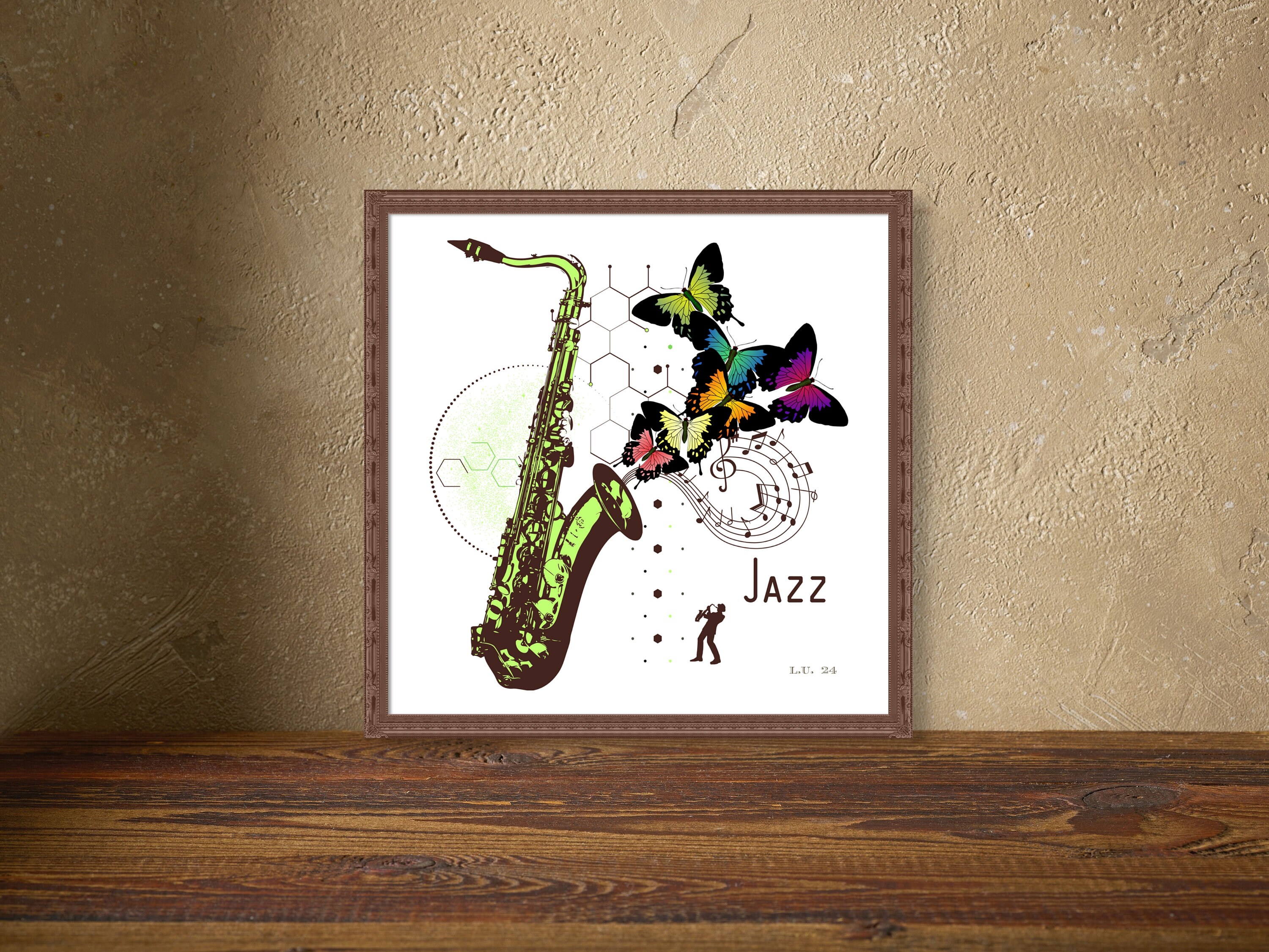 Jazz Saxophone Art Print: Butterflies & Geometric Design (digital ...
