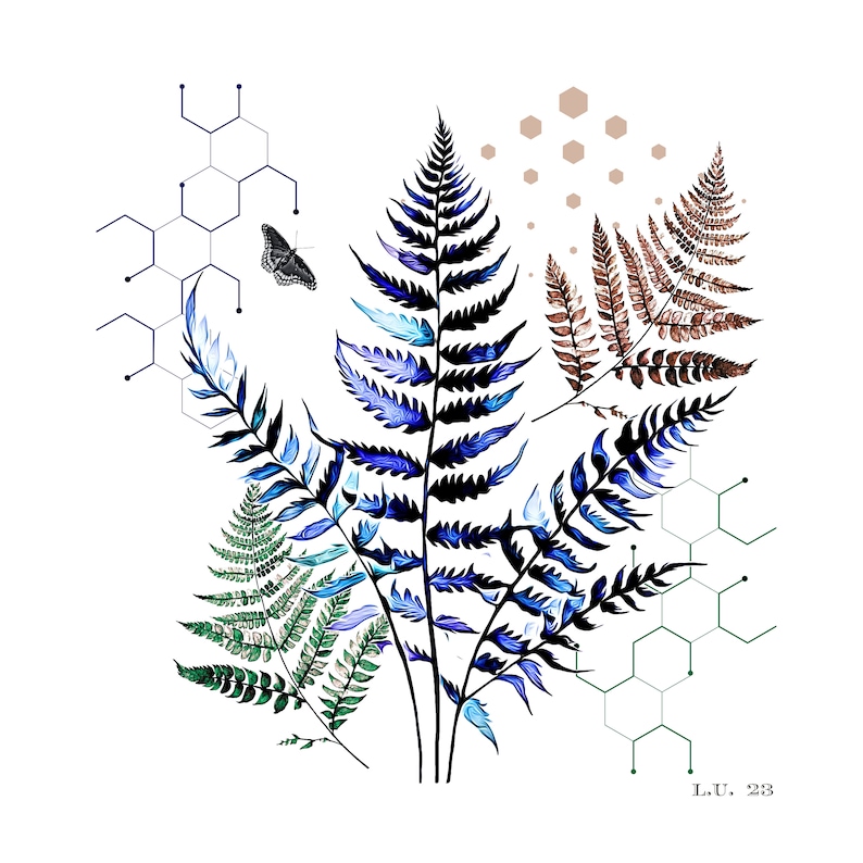 Abstract Fern Botanical Art – Blue and Brown Fern Wall Print With ...