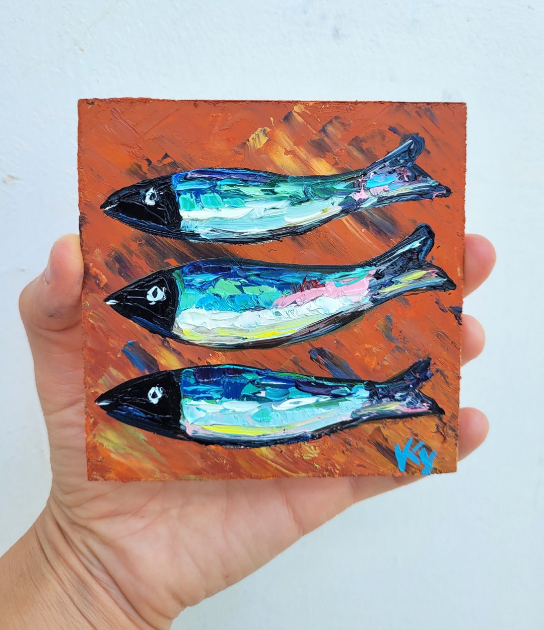 Sardine Painting Fish Painting Original Impasto Oil Painting 4x4 Animal ...