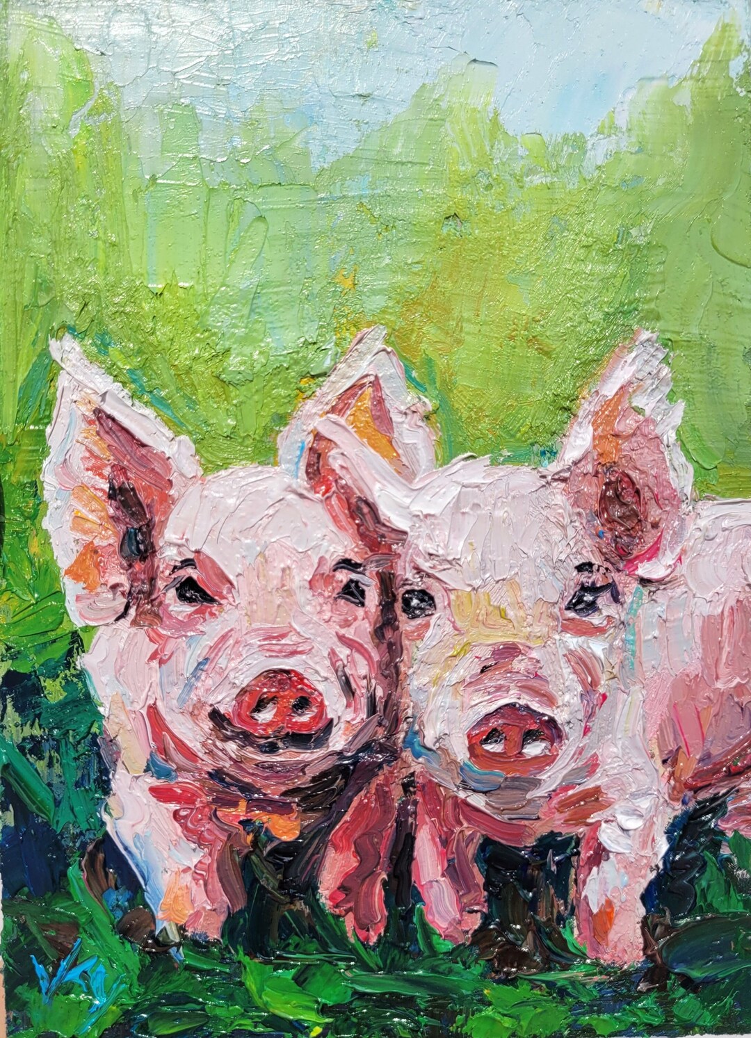 Friendship Pig Painting Farm Animals Original Art Impasto Oil Painting ...
