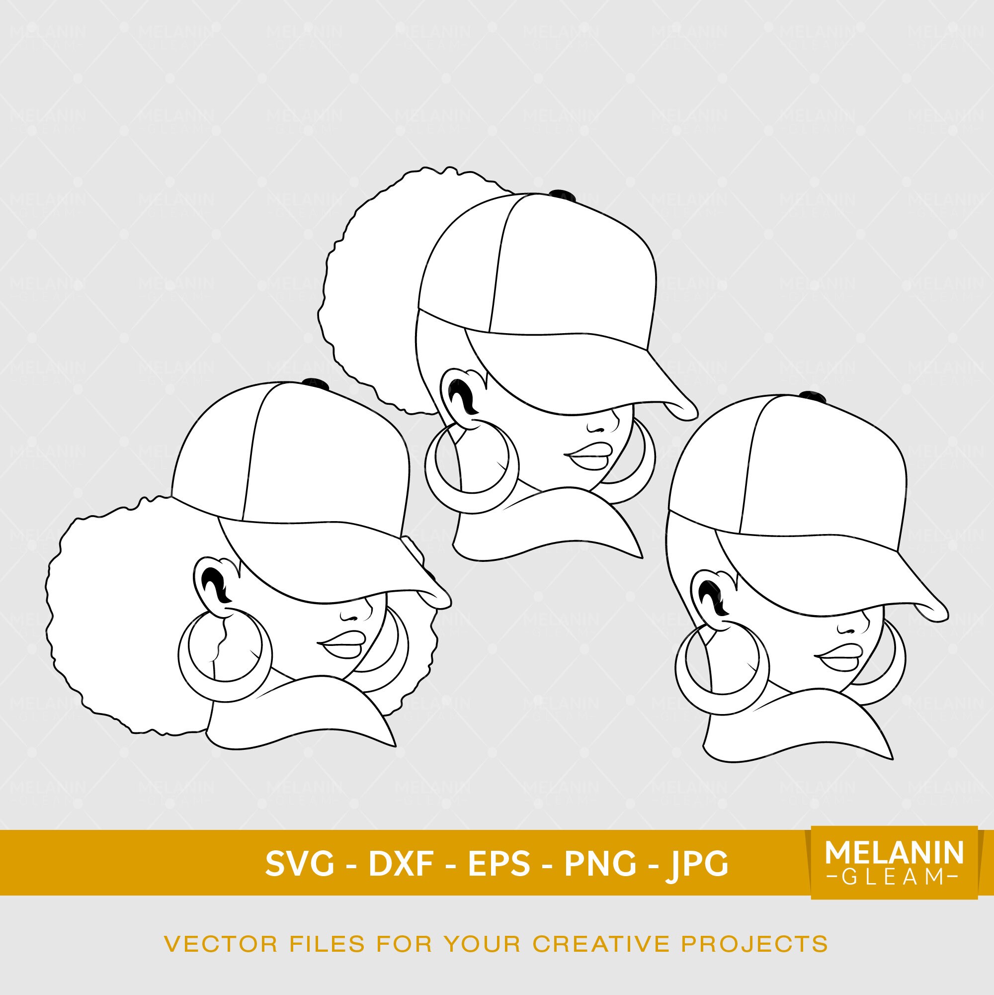Afro Woman Cap B&W, Melanin, Black Woman Svg, Afro Woman Svg, Black ...