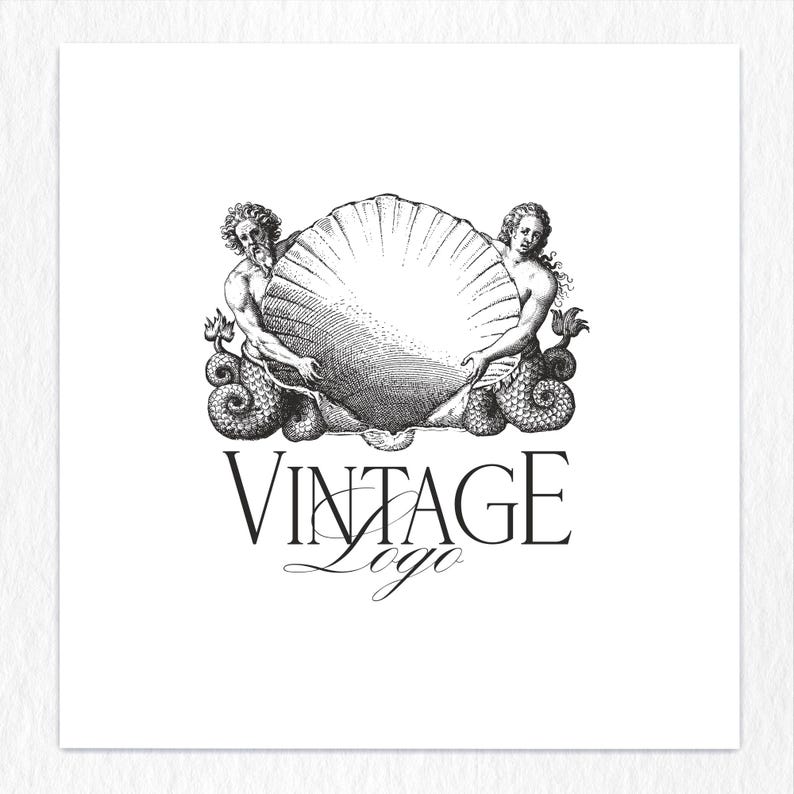 Mermaid & Mermen Logo, Nautical Logo, Hand Drawn Vintage Illustration ...