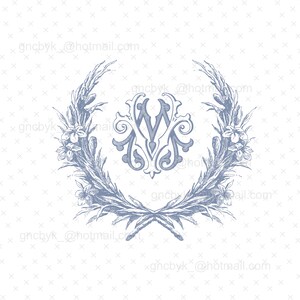 V-M Monogram,floral Vintage Monogram Wedding Crest,blue - Antiqued ...