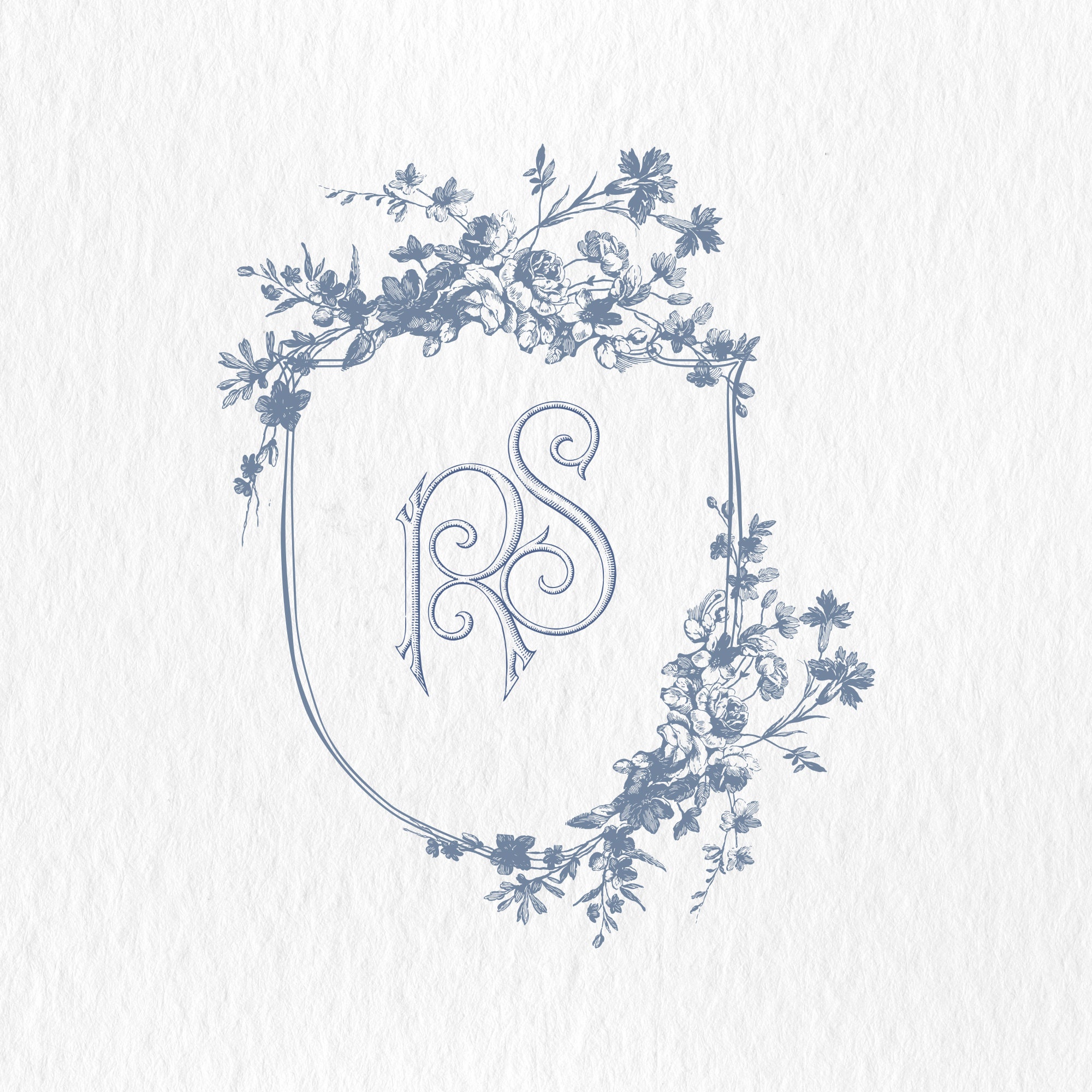 Floral Vintage Monogram Wedding Crest: Blue Antiqued Flowers (PDF & PNG ...