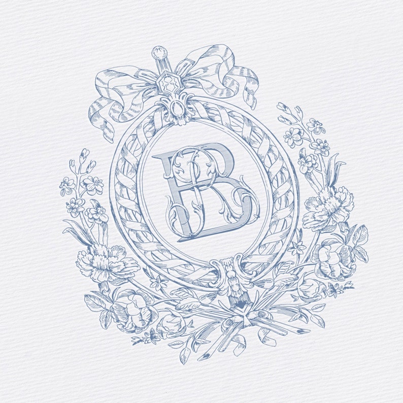 BR, Vintage Monogram,floral Vintage Monogram Wedding Crest,blue ...