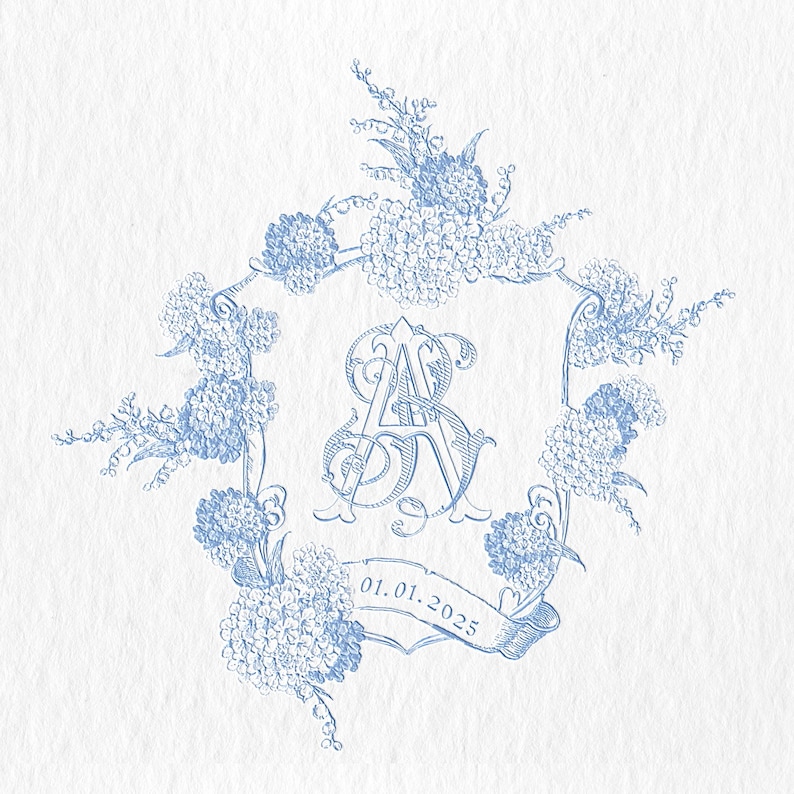 Personalized Blue Hydrangea Wedding Crest: Vintage Monogram (PNG, PDF ...