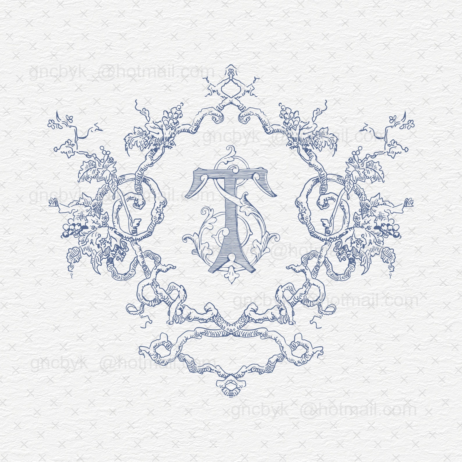 Antique Monogram T-s,antique Monogram Grape Leaf Crest,vintage Wedding ...