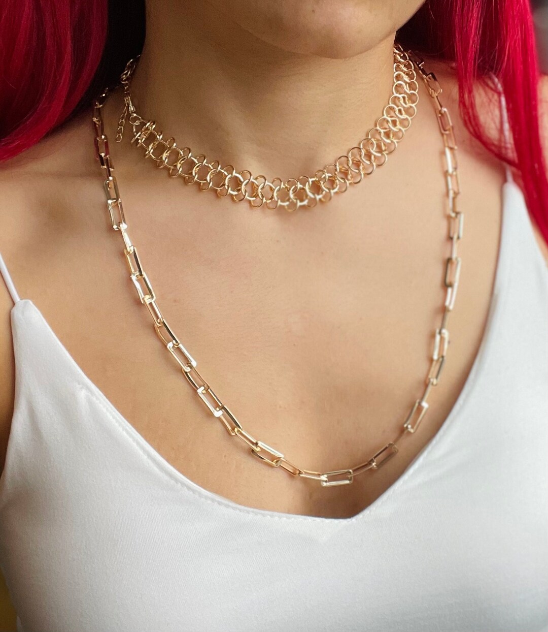 Gold Paperclip Chain, Rectangle Layering Link Chain With Infinity ...