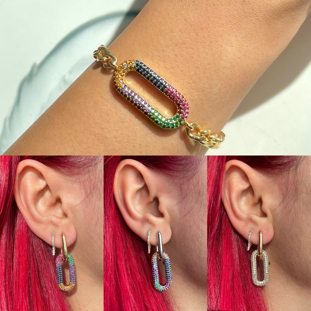 Oval Gold Pave Hoop Bracelet, Cable Chain Link, Gold Silver Charm Drop ...