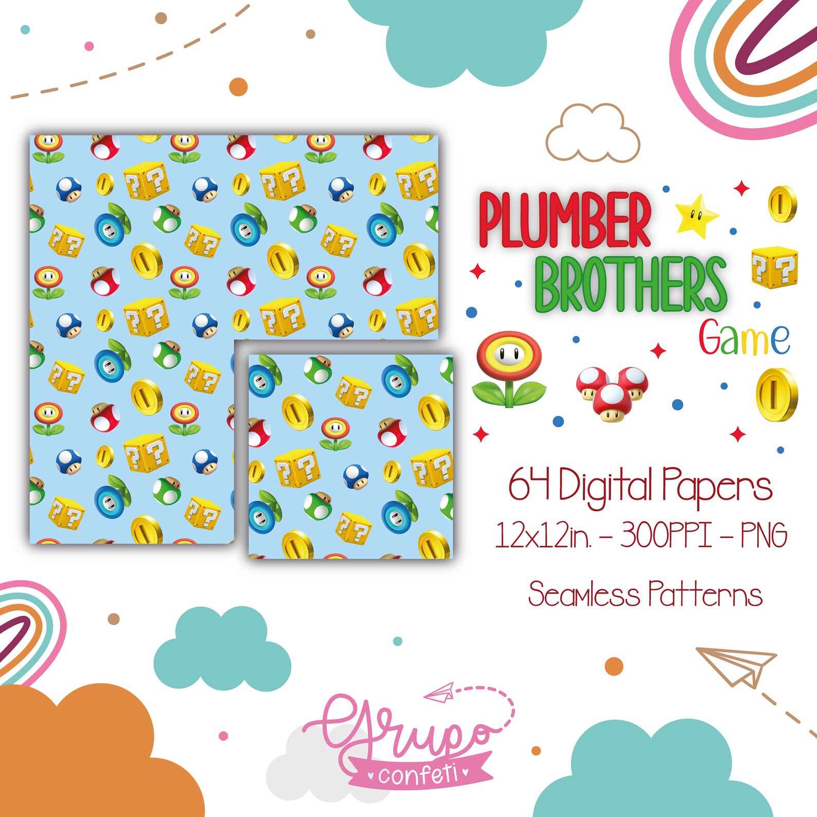 Plumber Brothers Game digital papers, Plumber Brothers Movie seamless patterns, digital download ...