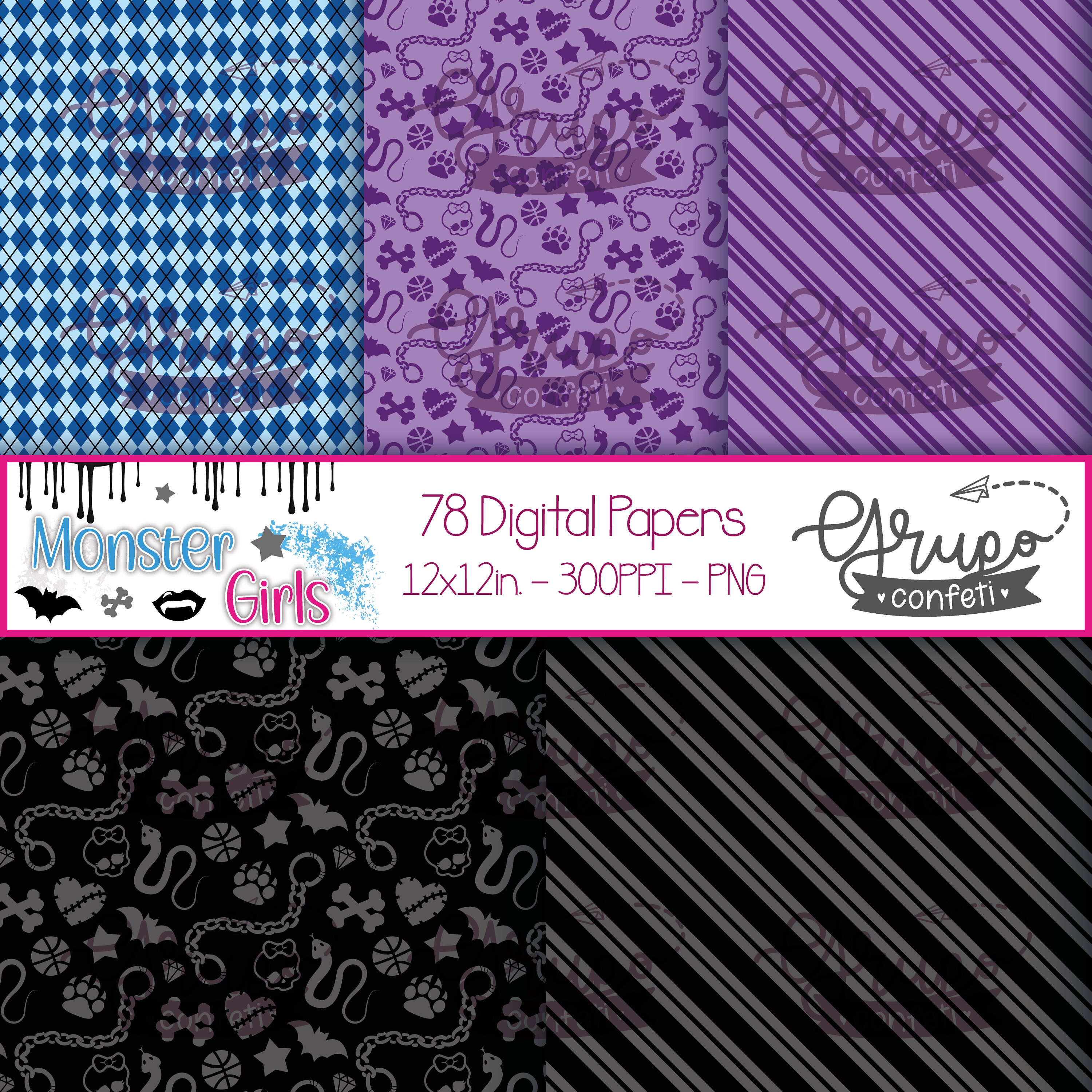 Monster Girls Digital Papers, Monster Girls Patterns, Seamless Patterns ...