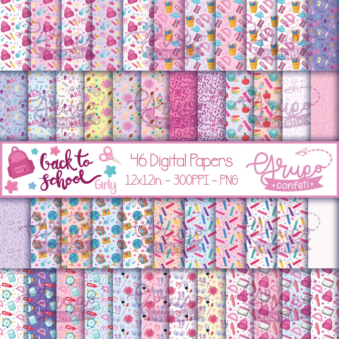 Back to School Girly digital papers, back to school seamless pattern ...