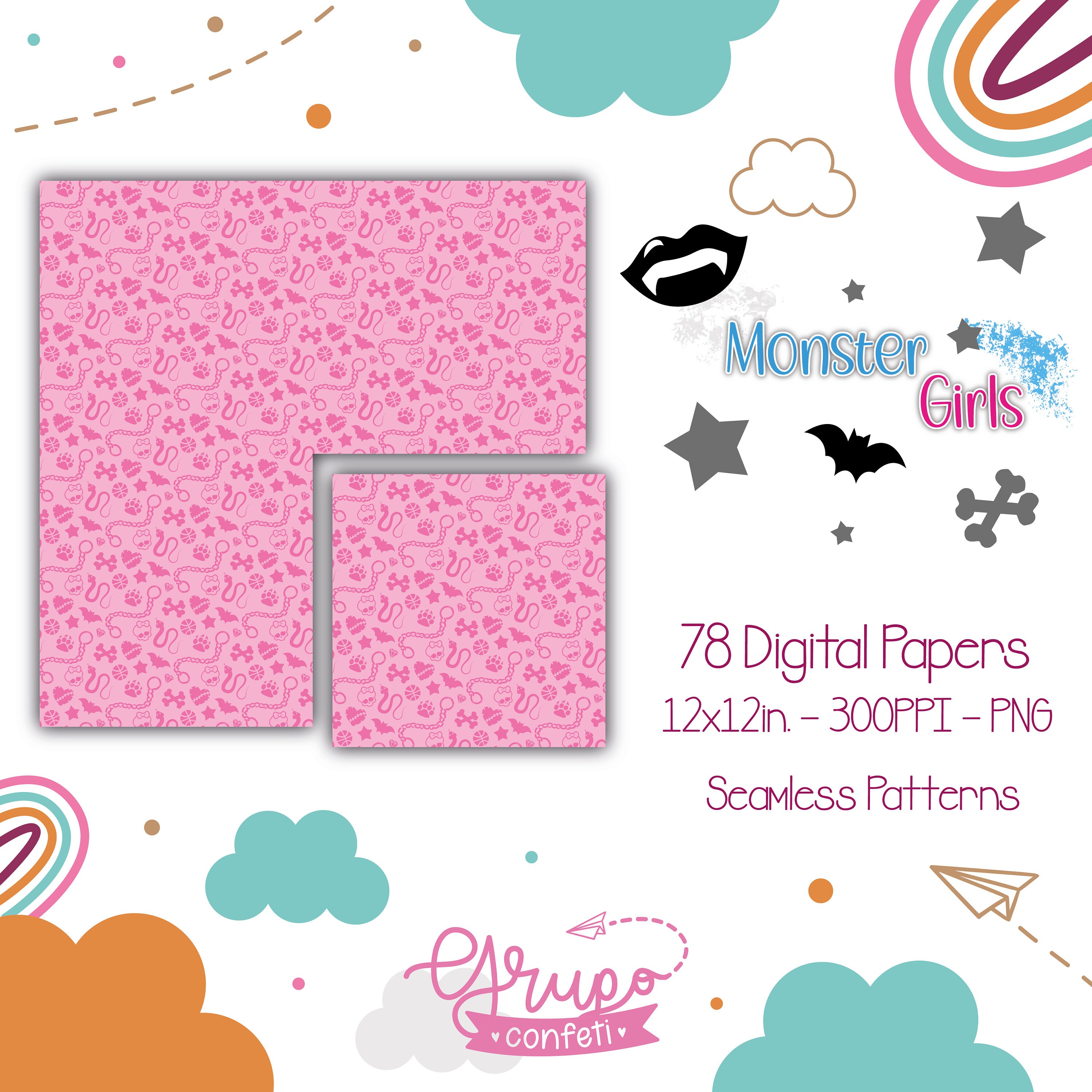 Monster Girls Digital Papers, Monster Girls Patterns, Seamless Patterns ...