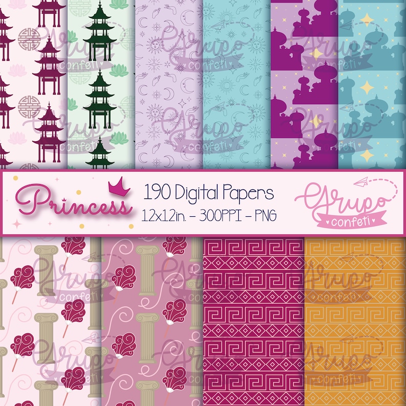 Princesses Digital Papers, Digital Download, Ariel, Aurora, Anna, Elsa ...