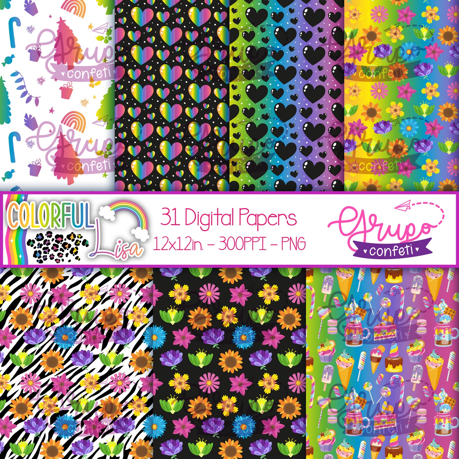 Colorful Lisa, Lisa Frank Inspired Digital Papers, Lisa Frank Patterns ...
