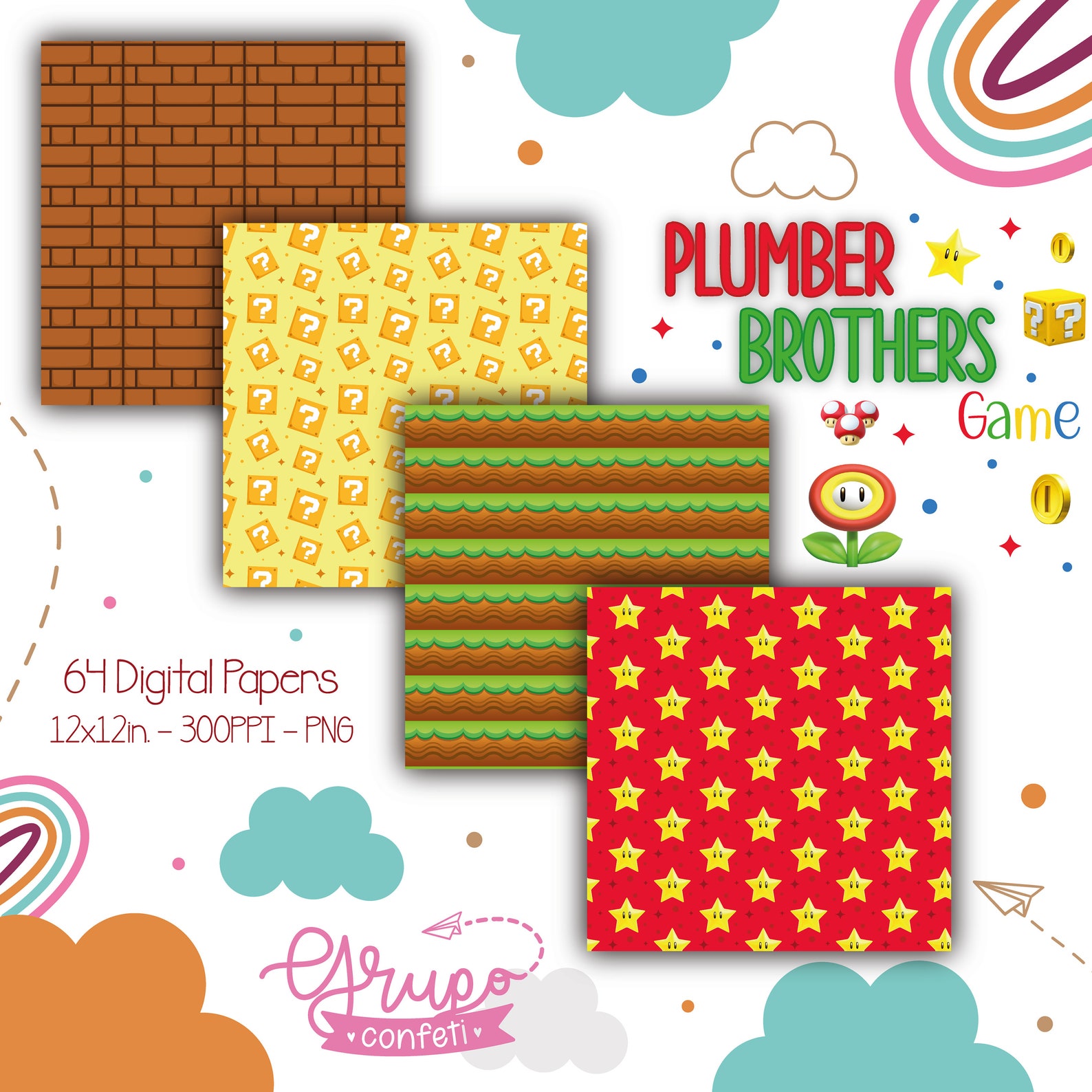 Plumber Brothers Game digital papers, Plumber Brothers Movie seamless patterns, digital download ...
