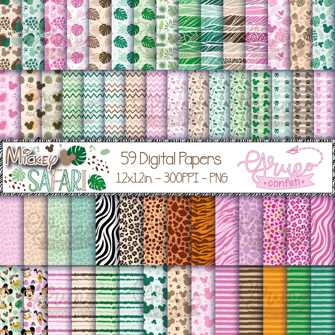 Mickey Mouse Safari Digital Papers, Digital Download, Seamless Patterns, Mickey and Minnie ...