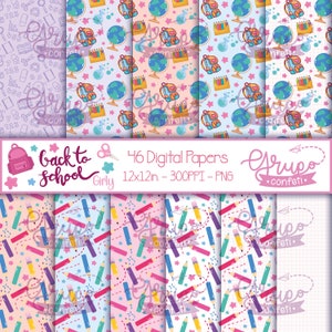 Back to School Girly digital papers, back to school seamless pattern ...
