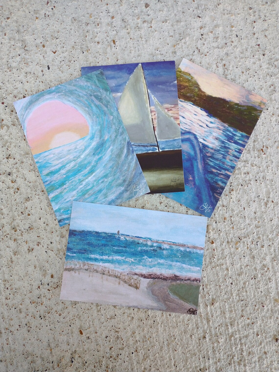 Hand Painted Beach Fine Art Printed 5x7 Poster Set of 4 Post Card, Flat ...
