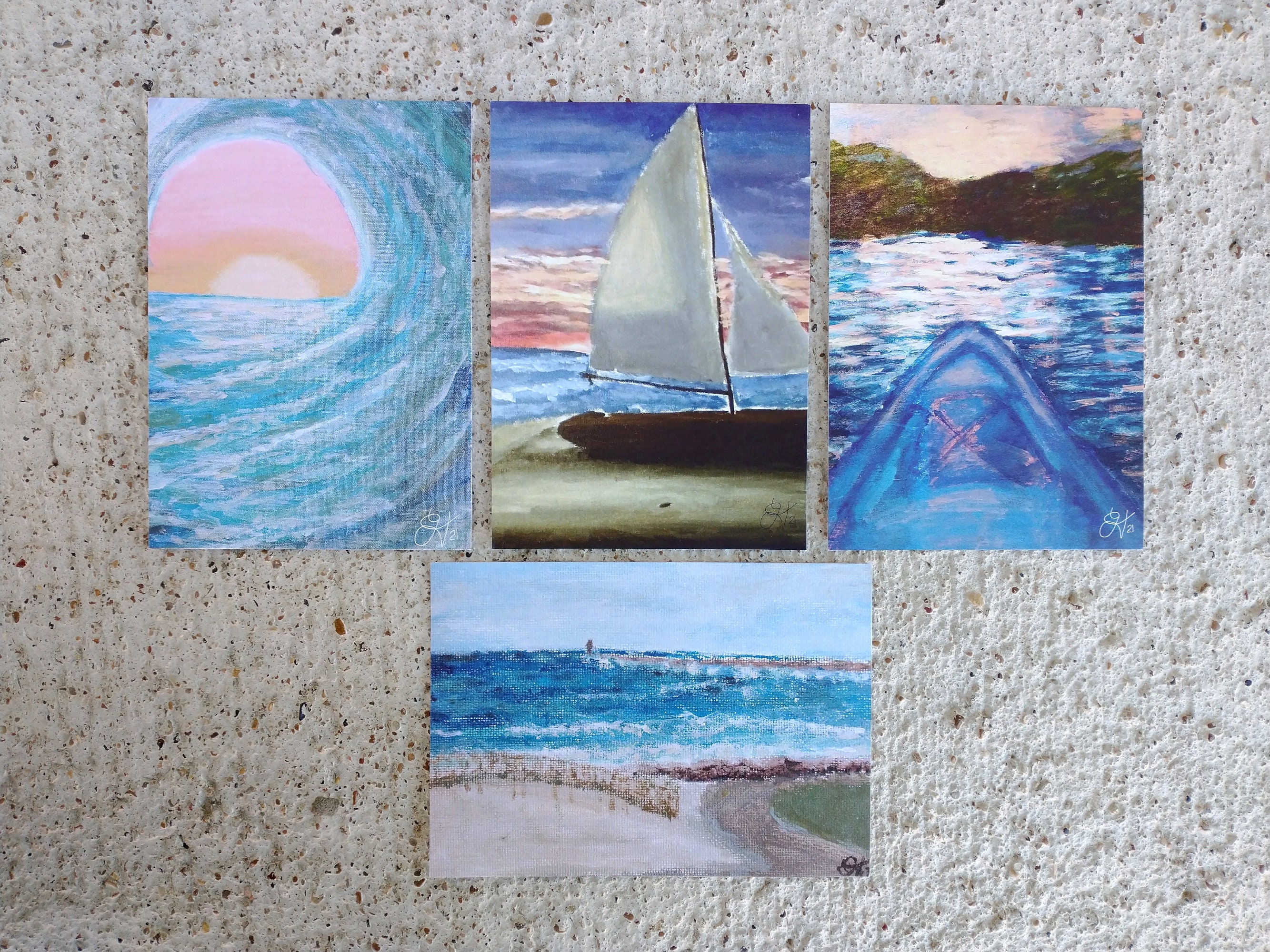 Hand Painted Beach Fine Art Printed 5x7 Poster Set of 4 Post Card, Flat ...
