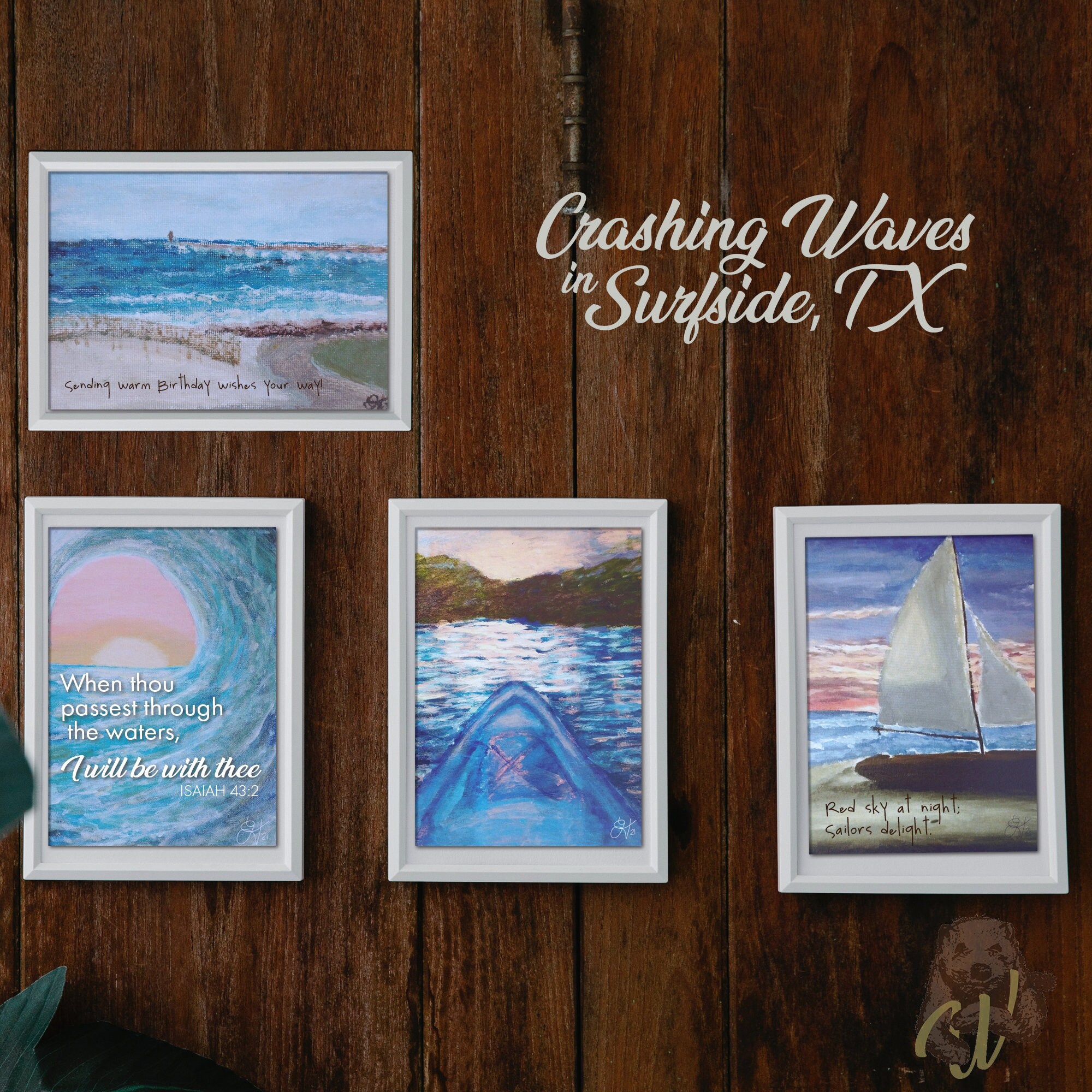 Hand Painted Beach Fine Art Printed 5x7 Poster Set of 4 Post Card, Flat ...