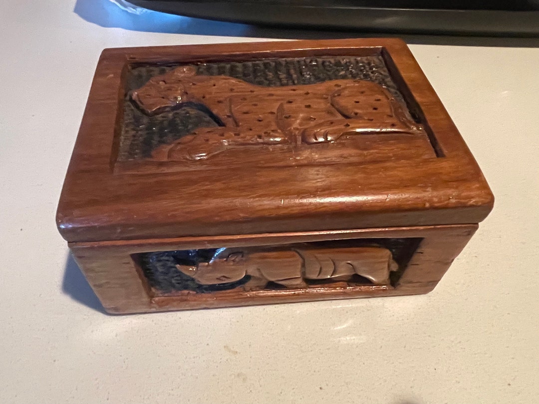 African Tribal Box Carved Wood Congo Jewelry Box Leapard Lid Rhino Base ...