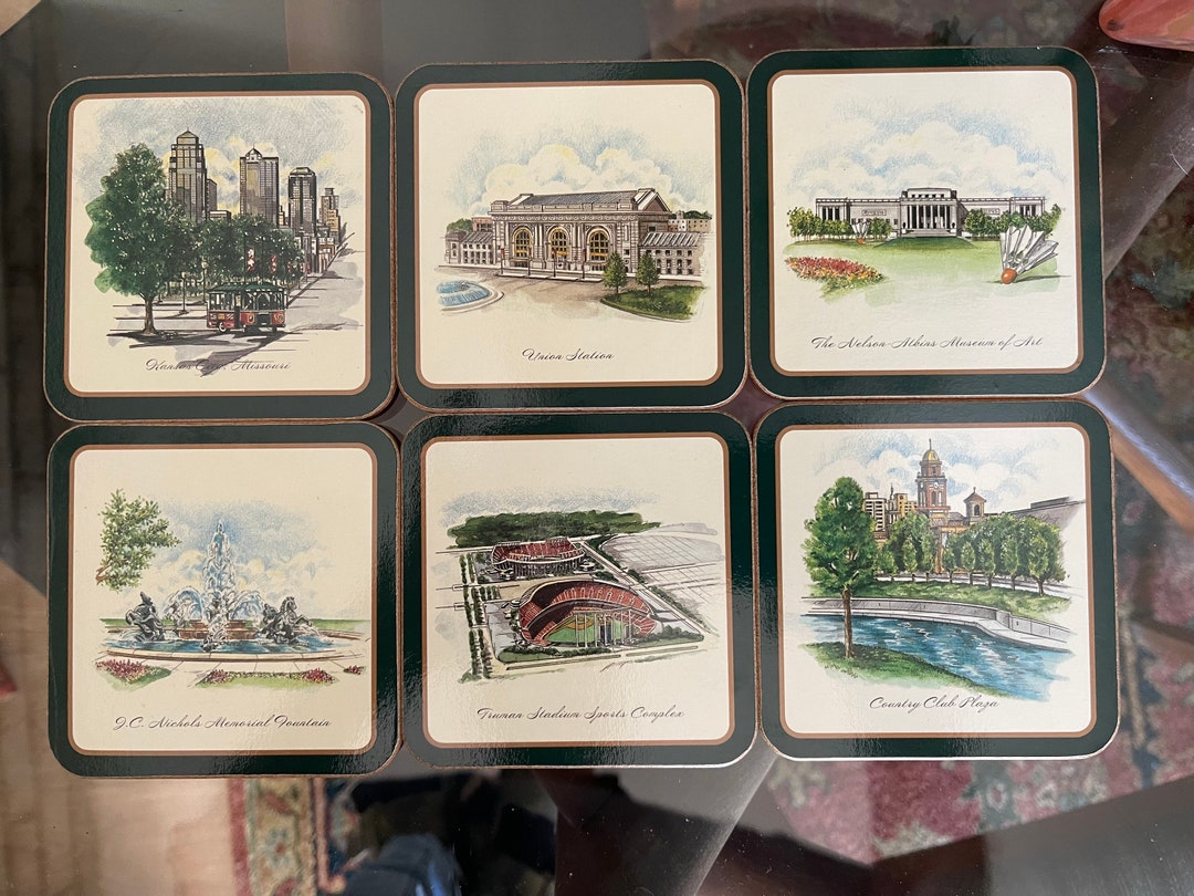 Vintage Halls Kansas City Landmarks Coasters Cork Backed Set of 6 With ...