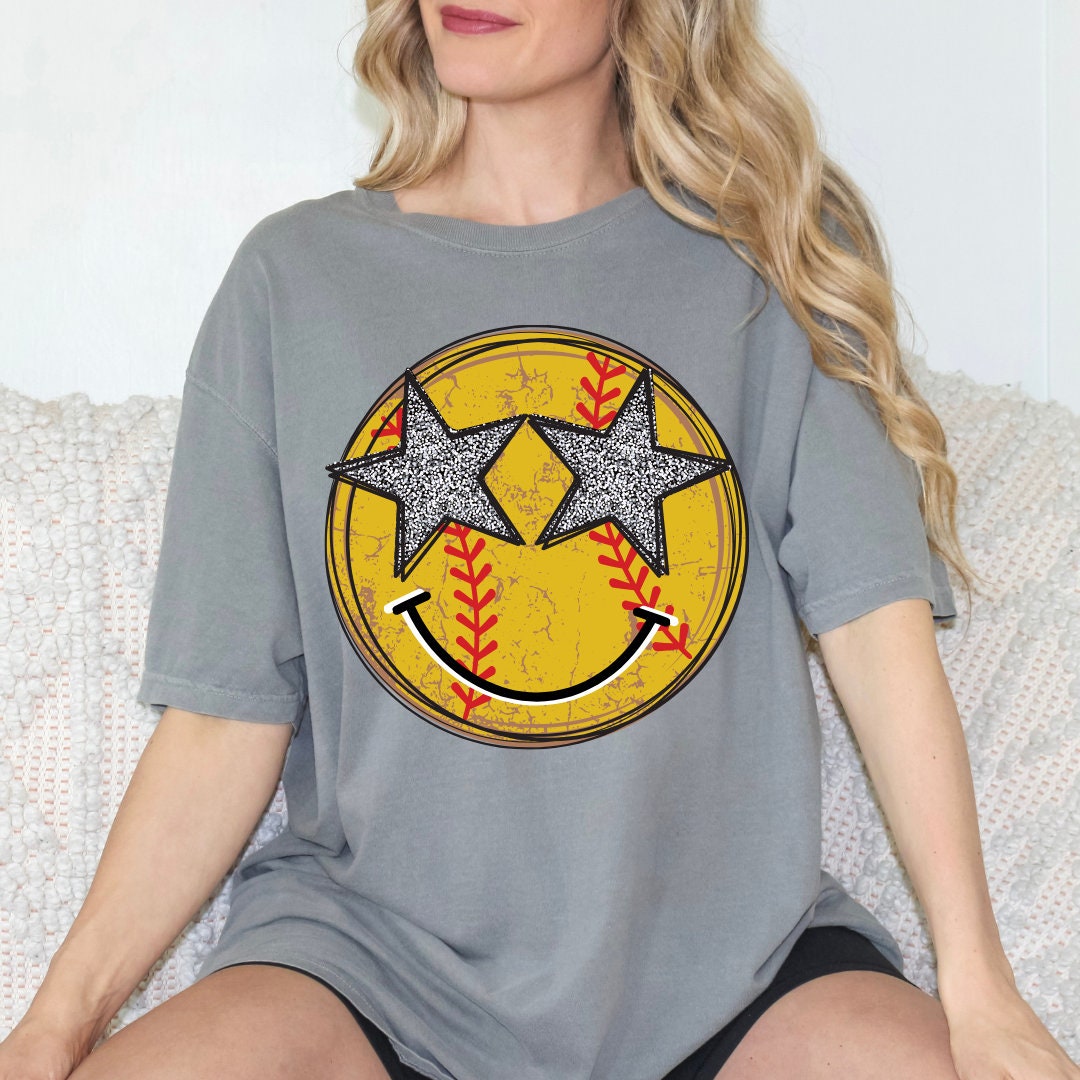 Softball Smiley Face Glitter Stars Distressed PNG - Etsy