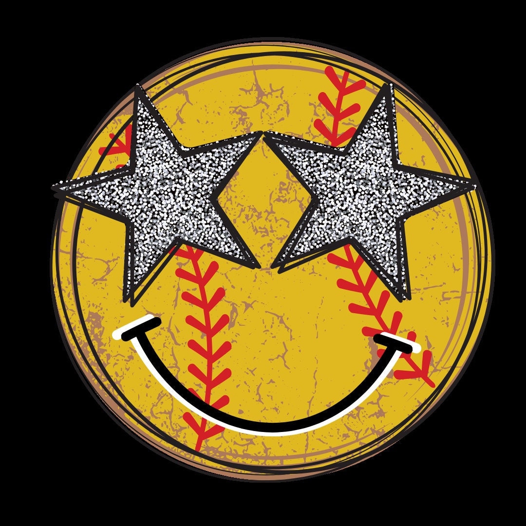 Softball Smiley Face Glitter Stars Distressed PNG - Etsy