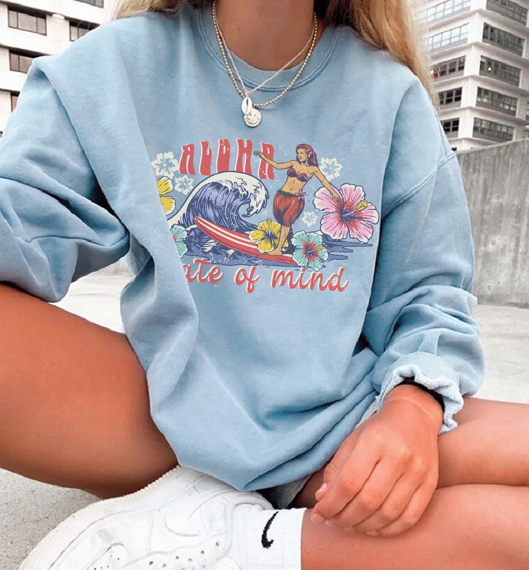 Retro Aloha State Sweatshirt Hibiscus Flower Shirt Surfer Girl Pullover ...
