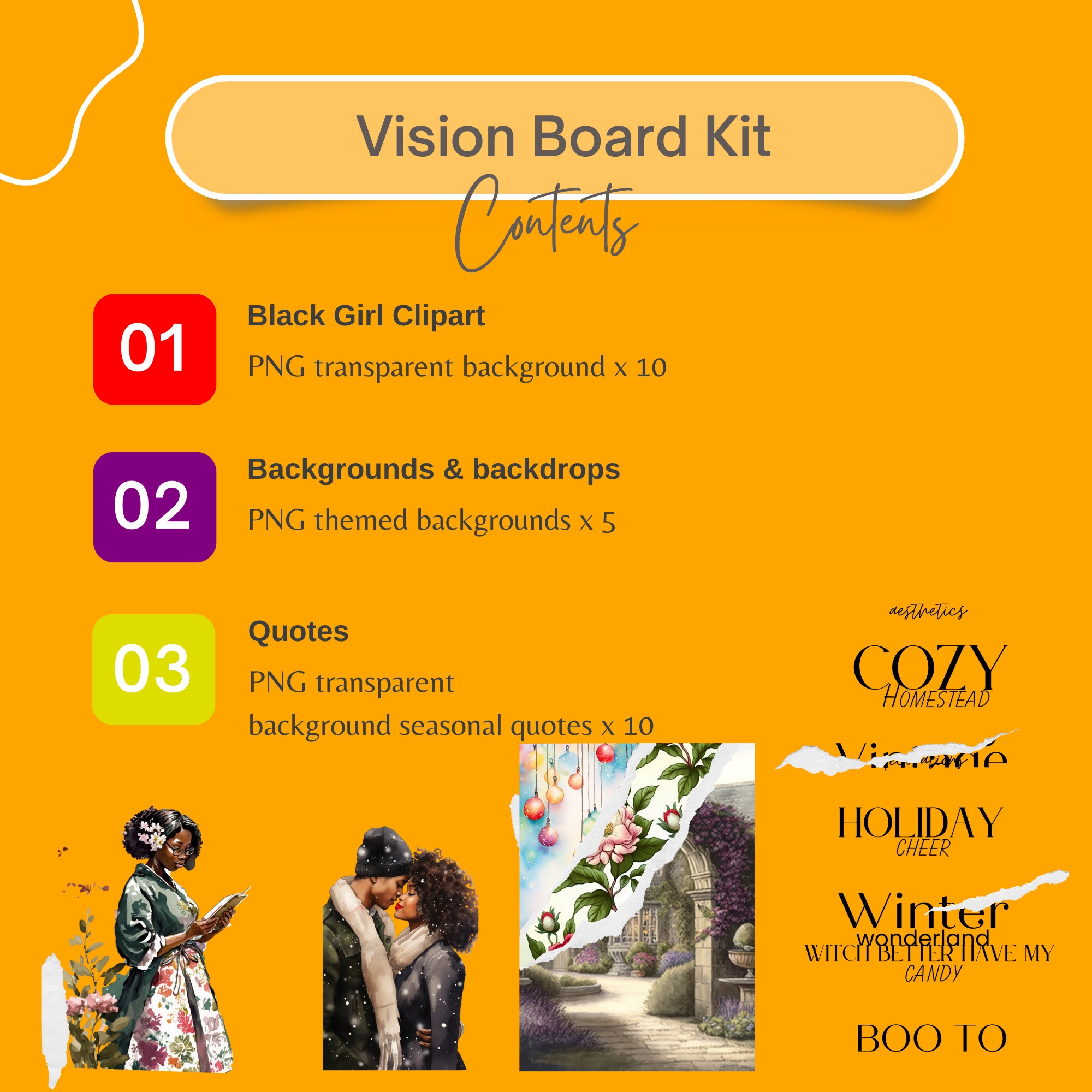 Vision Board Kit Cottage Core Black Girl Clipart - Etsy