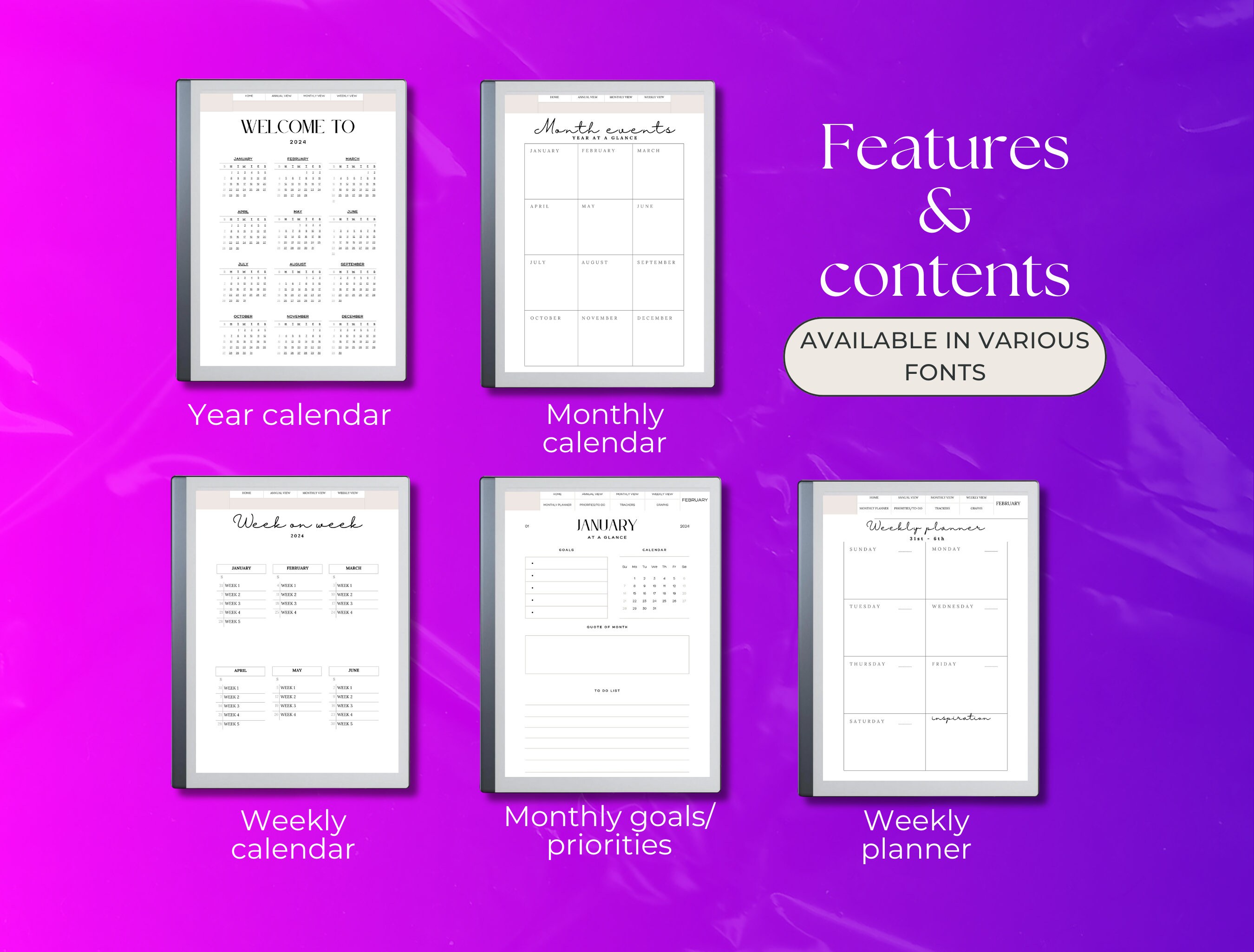 2024 Customisable Font Digital Planner, Remarkable 2 Template, Kindle ...