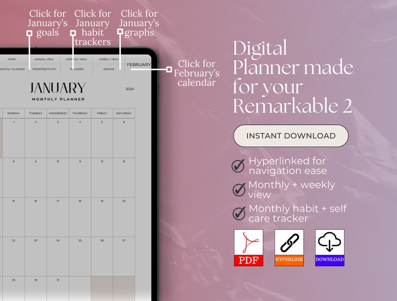 2024 Digital Planner, Remarkable 2 Template, Kindle Scribe, Boox, Ipad ...