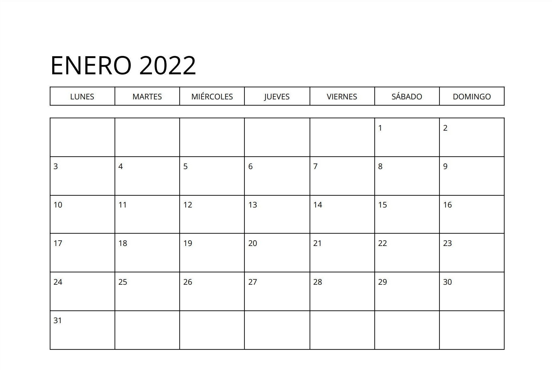 Calendario Enero 2022