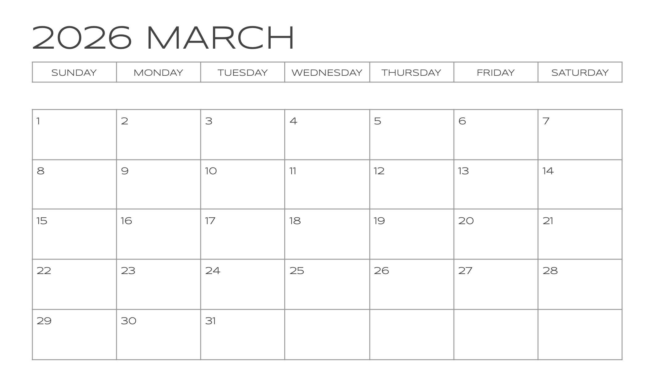 2026 Calendar Printout English - Etsy