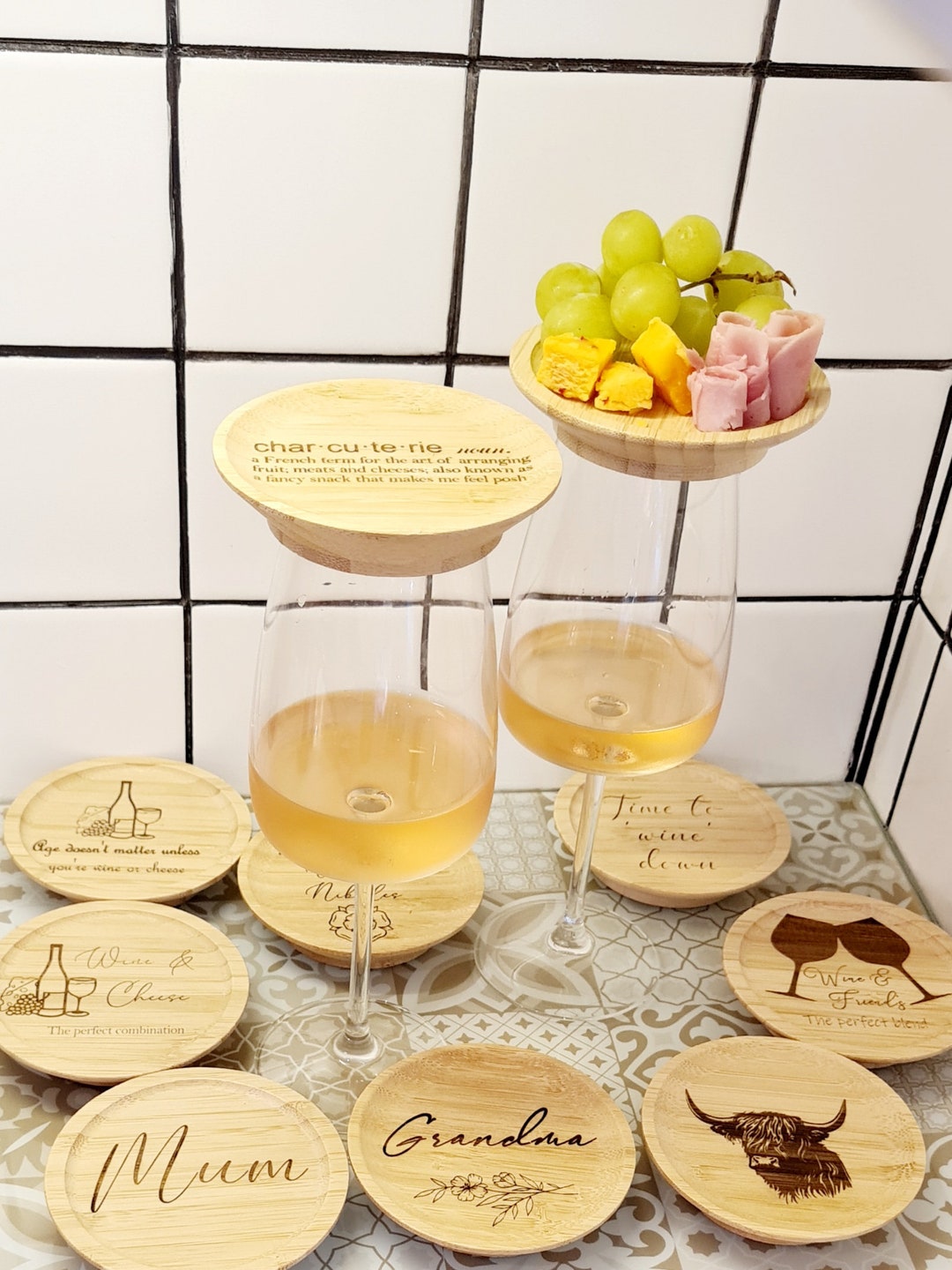 Wine Glass Charcuterie Topper, Bamboo Coaster Wine Topper Multiple ...