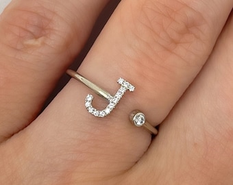 14k Solid Gold Open Cuff Initial Letter T Diamond Ring Dainty Initial ...