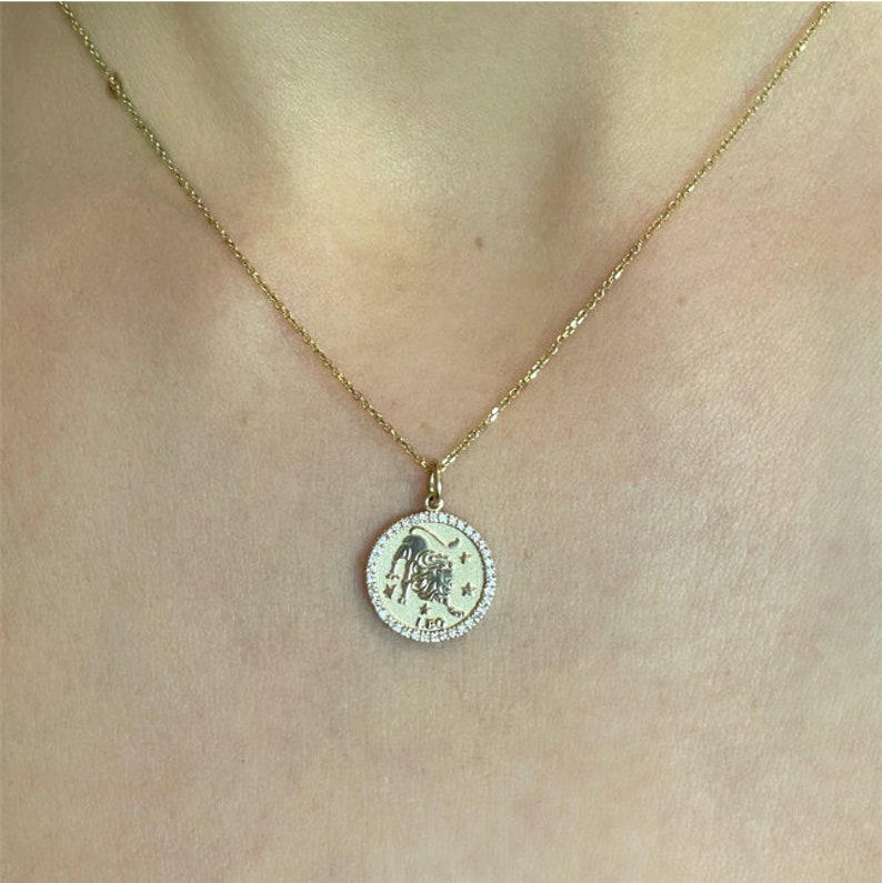 14k Solid Gold Medallion Diamond Zodiac Pendant Necklace - Leo Necklace ...